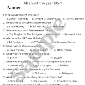 1957 Trivia 66th Birthday Trivia Game 66th Birthday - Etsy