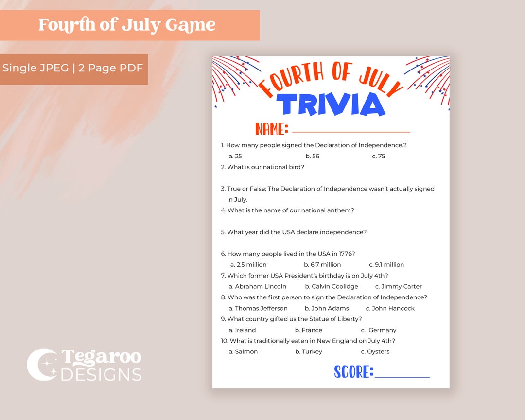 4th of July Trivia Game Printable | Summer July 4th Games USA Party ...