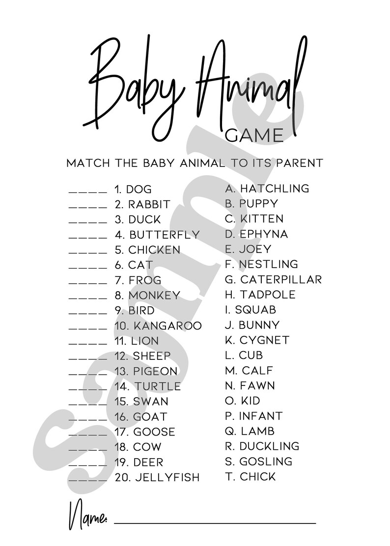 Baby Animal Name Game Baby Shower Games Instant Download - Etsy