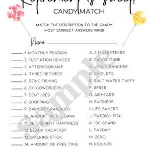 Fun Retirement Retiree Party Games | Retirement Candy Match Trivia ...