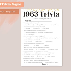 1963 Trivia | 61st Birthday Trivia Game | 61th Birthday Activity ...