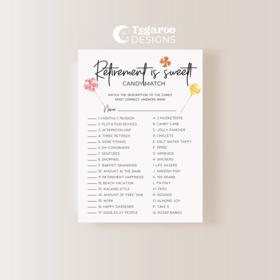 Fun Retirement Retiree Party Games Retirement Candy Match - Etsy