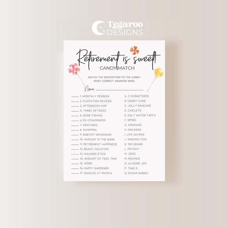 Fun Retirement Retiree Party Games Retirement Candy Match - Etsy