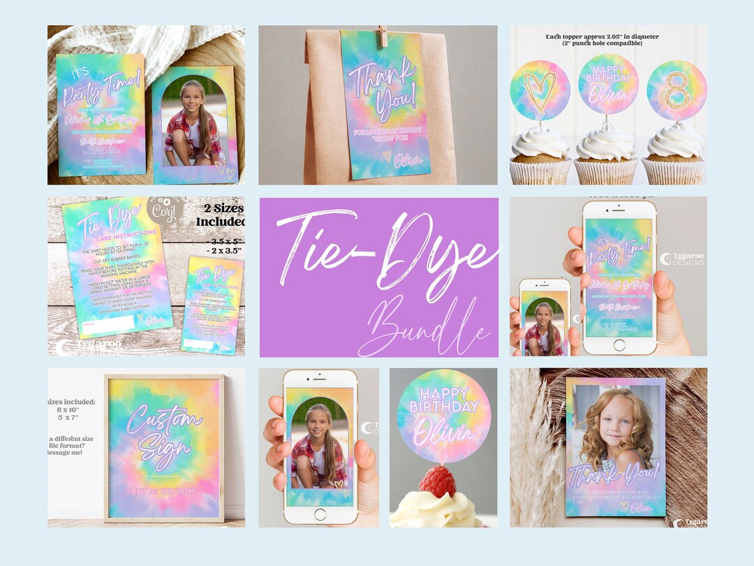 Rainbow Tie Dye Bundle | Tie Dye Birthday Bundle | Tie Dye Invitation ...