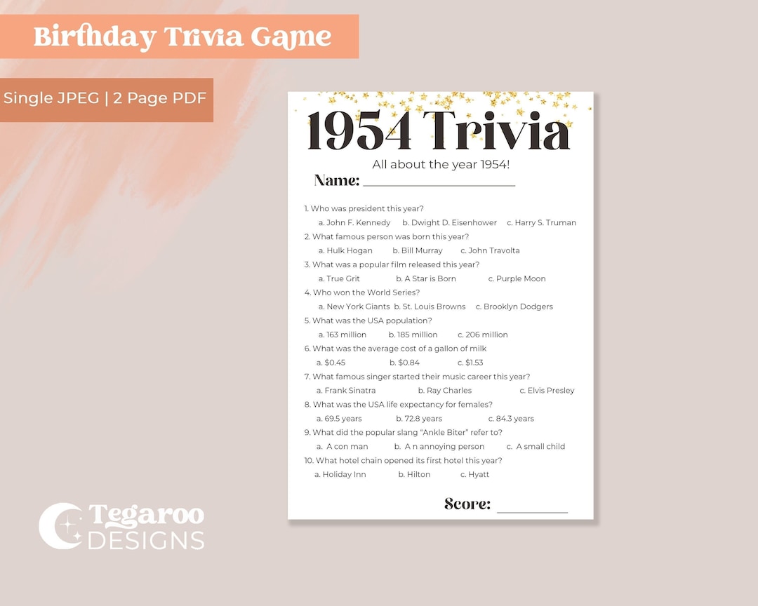 1954 Trivia | 70th Birthday Trivia Game | 70th Birthday Activity ...