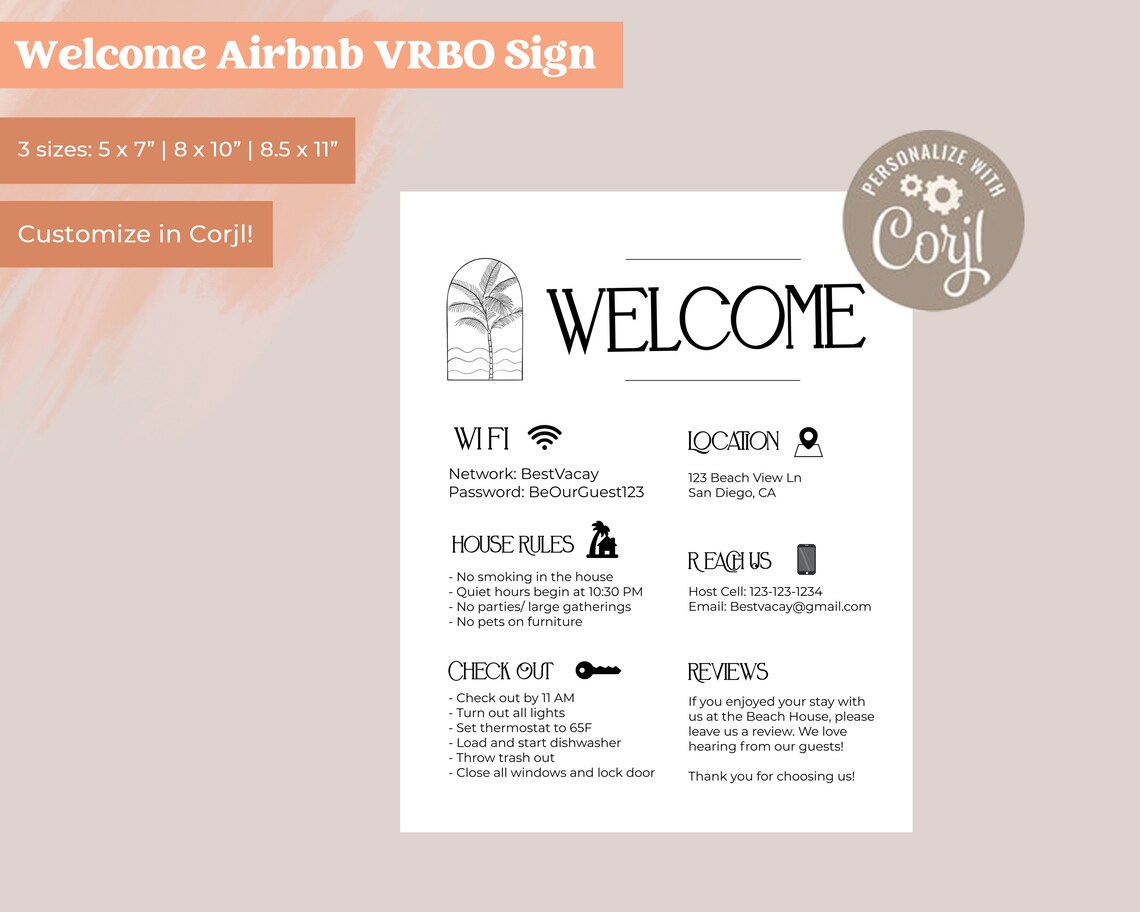 Boho Modern Minimalist Airbnb VRBO Vacation Welcome Sign | Ocean Beach ...