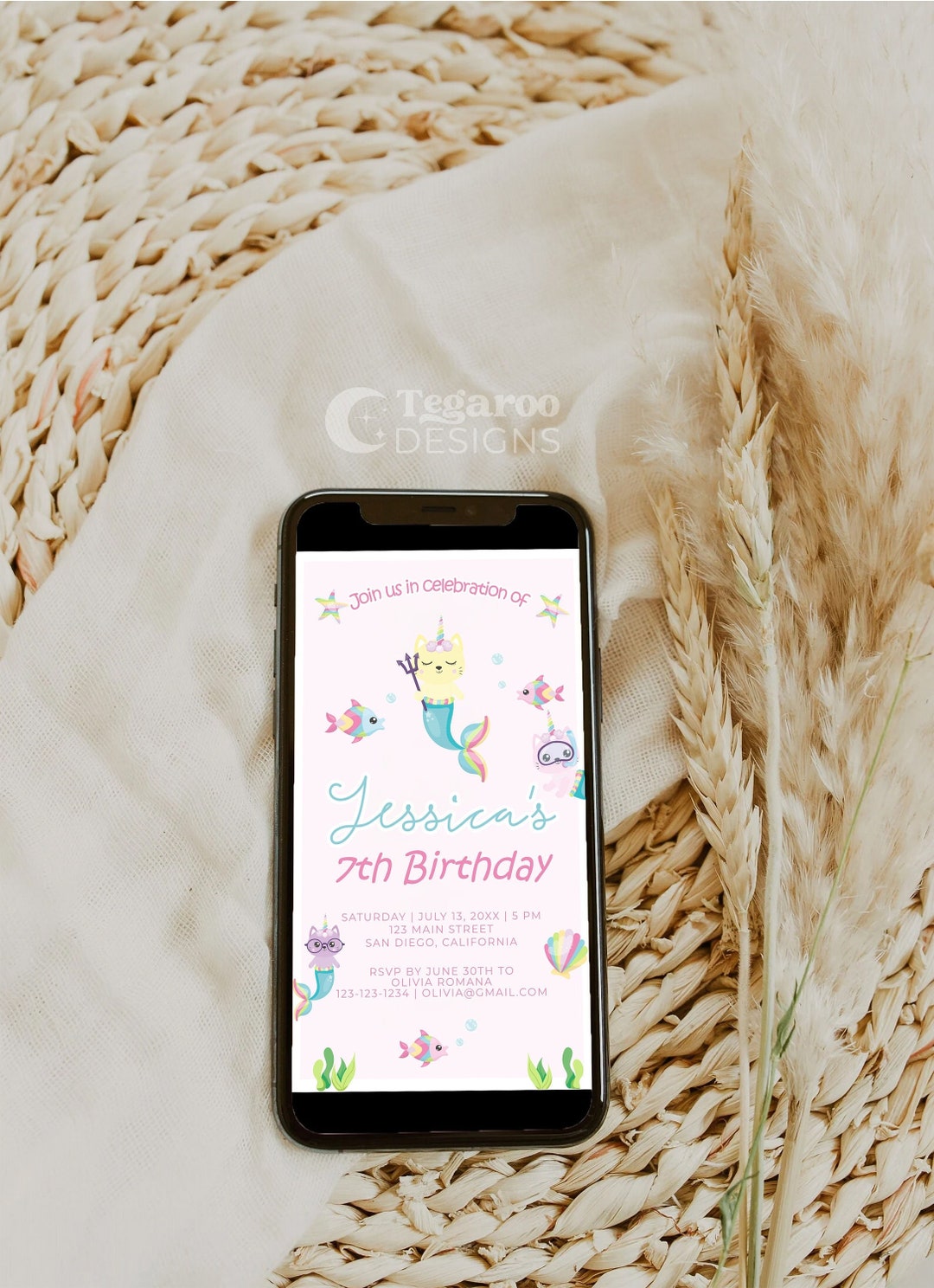 Cat Kitten Mermaid Unicorn Birthday Digital Invitation | Sweet ...