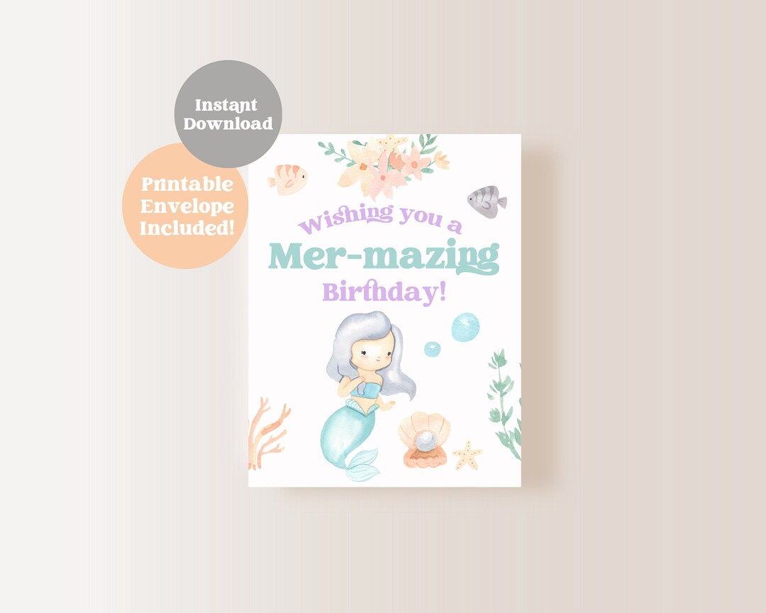Printable Mermaid Birthday Card - Mermazing, Watercolor, Adorable, Cute ...