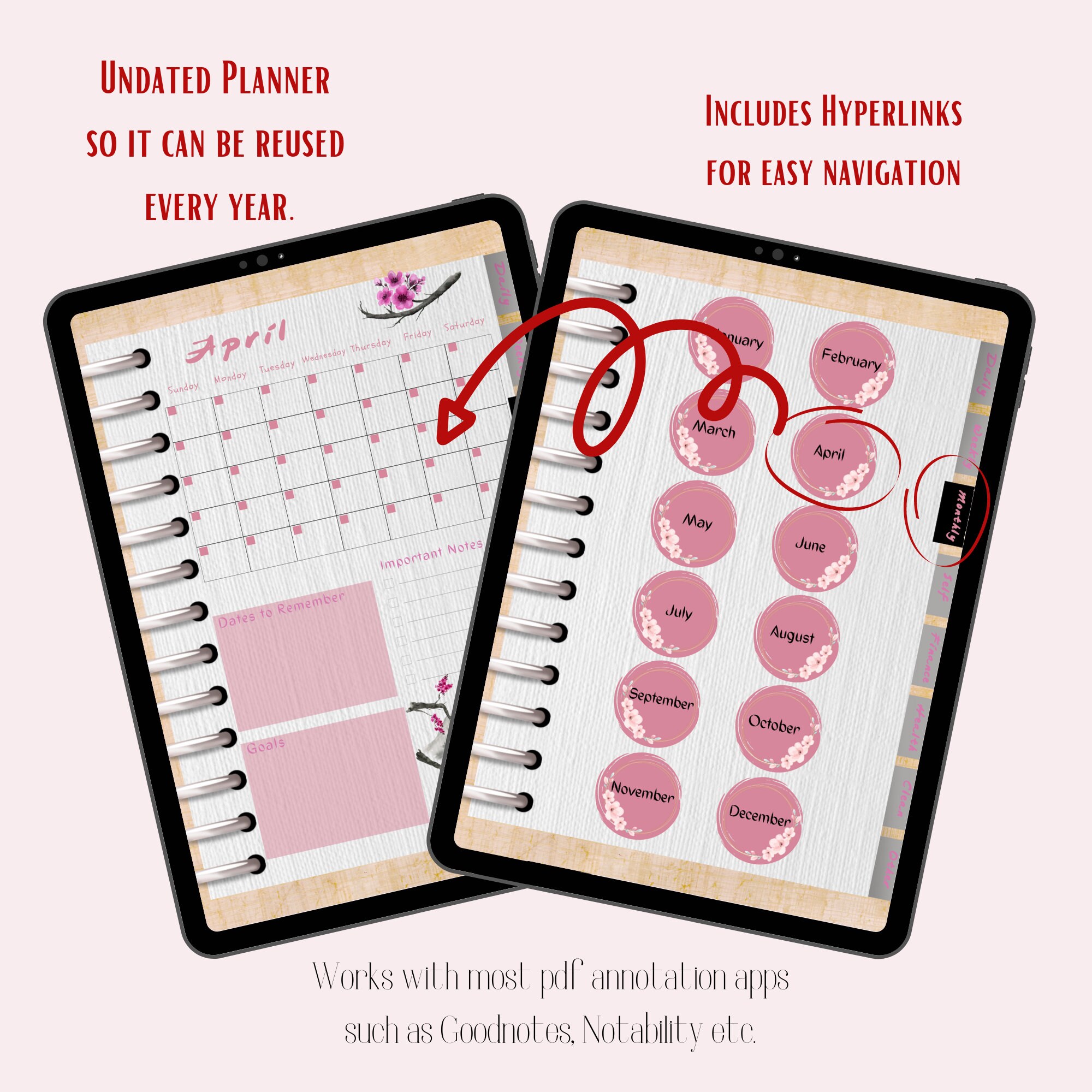 Undated Hyperlinked Digital Planner For Goodnotes And Notability On 