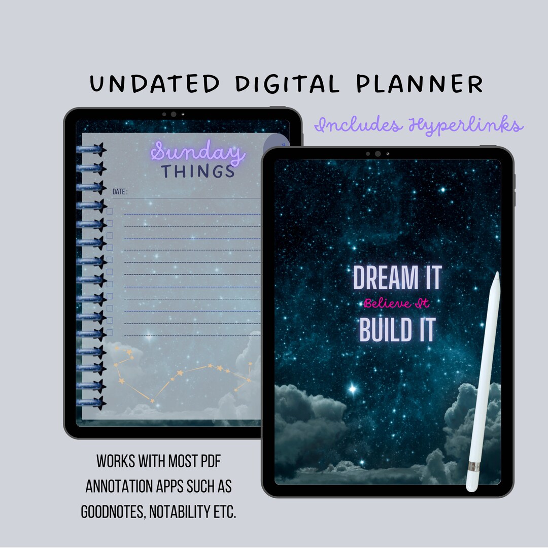 Hyperlinked Digital Planner: Blue Grey Dream Night Theme (PDF Download ...
