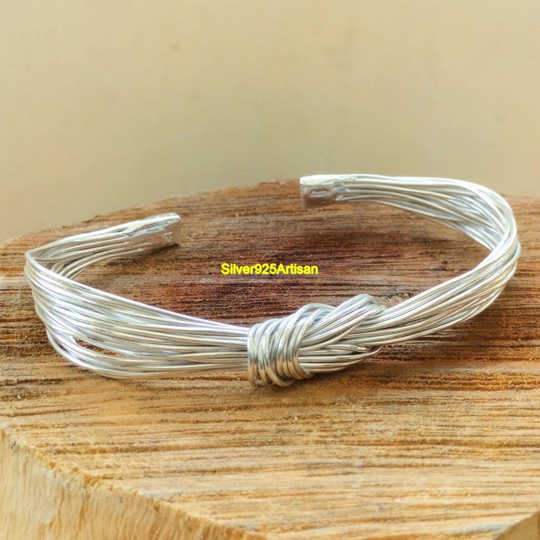 Silver Warp Knot Bangle, 925 Sterling Silver Bangle, Tied Silver Strings Bangle, Minimalist ...