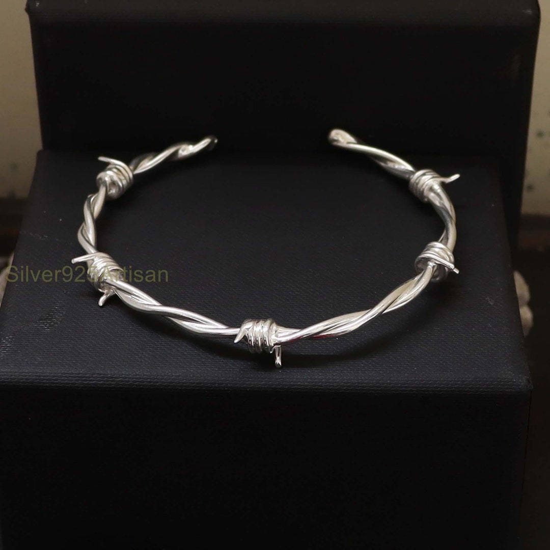 Barbed Wire Cuff Bracelet, Adjustable Unisex, 925 Sterling Silver ...