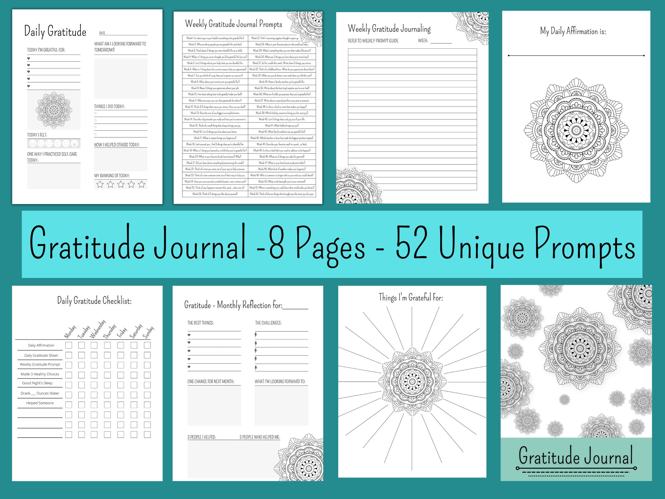 Gratitude Journal printable Daily Affirmation 52 Journal Writing ...