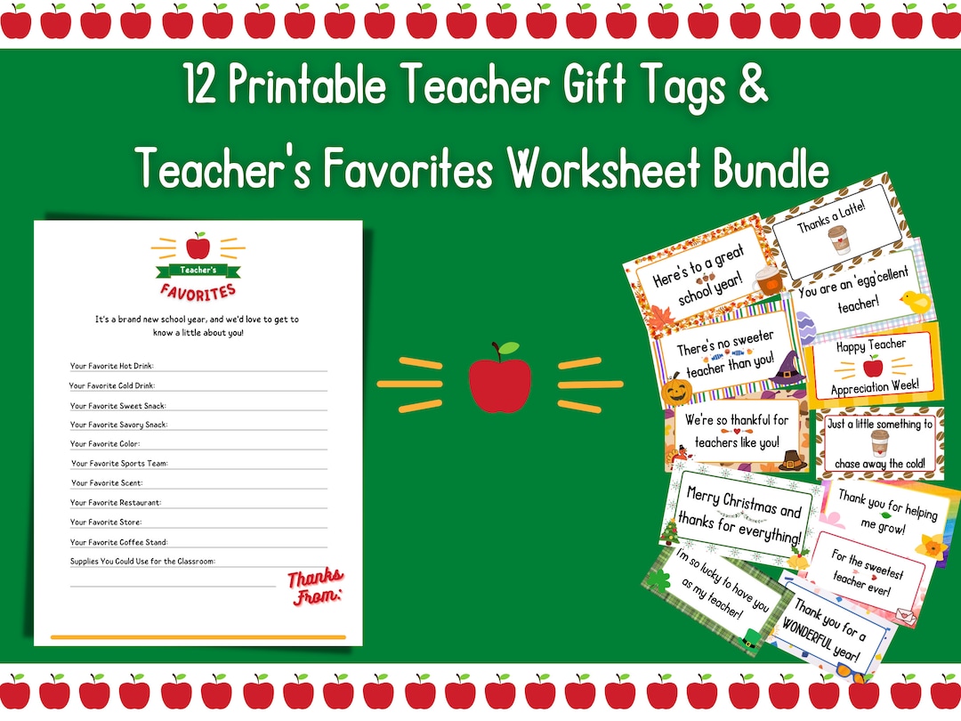 School Teacher Gift Tags & Favorites List -printable Bundle Teacher ...