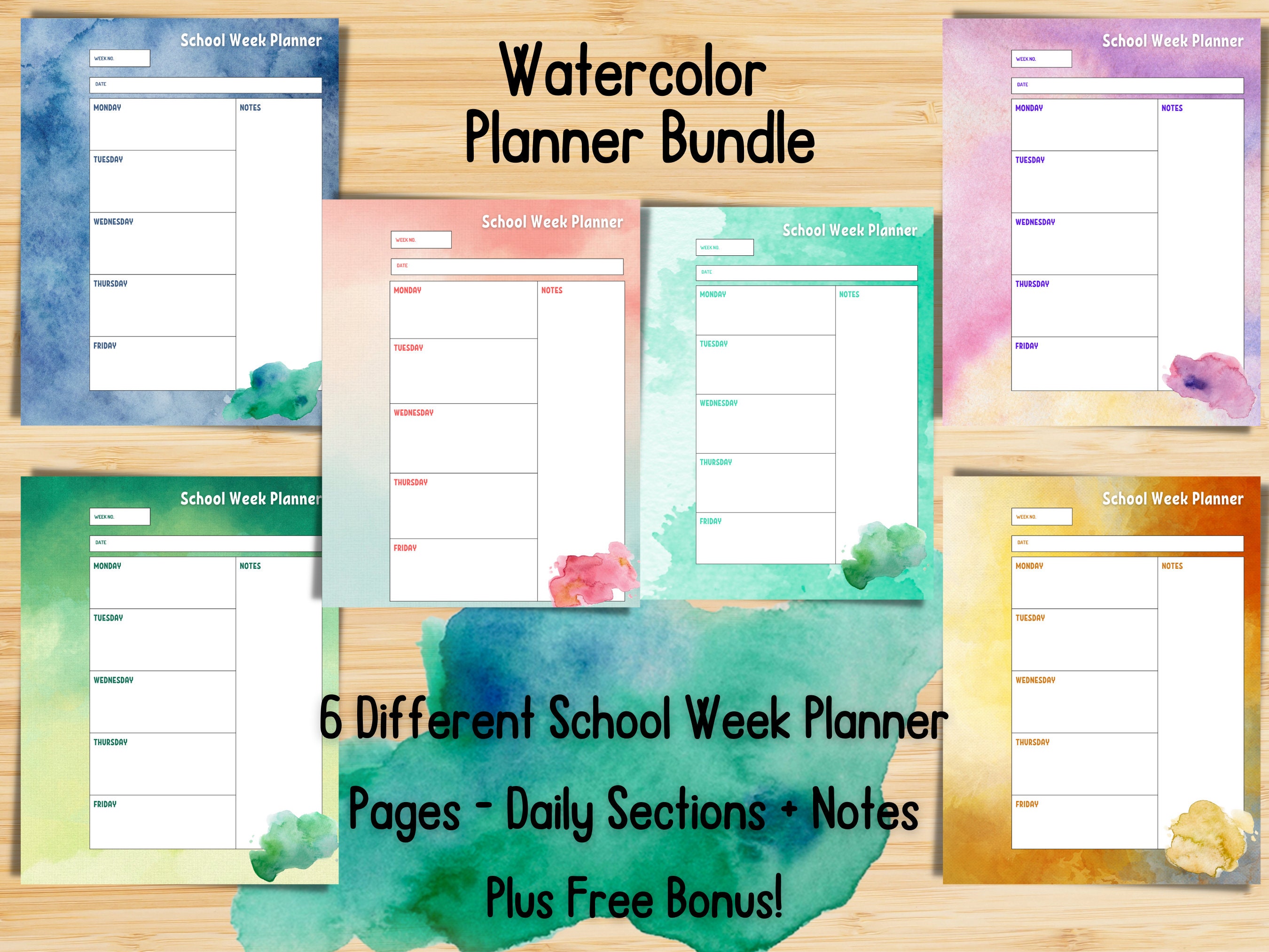 Watercolor School Class Daily Planner Pages printable Assignment Sheets ...