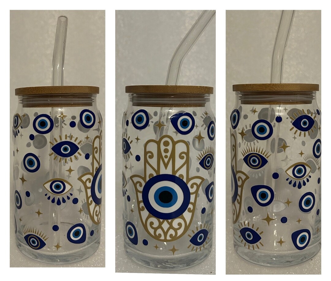 Evil Eye Glass Libby Cup W/ Lid and Glass Straw- 16oz - Etsy