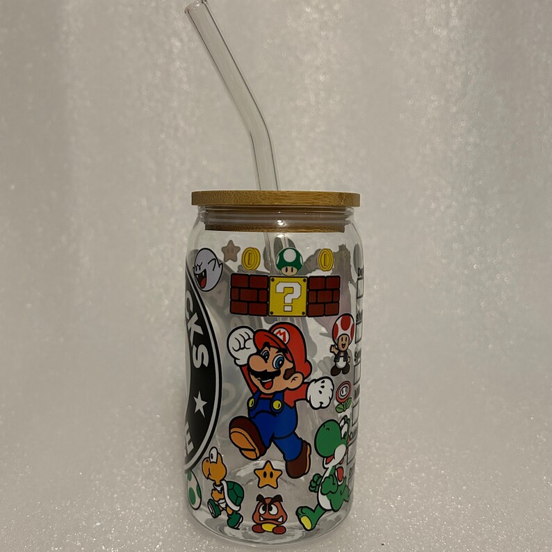Super Mario Starbucks Glass Libby Cup W/ Lid and Glass Straw- 16oz - Etsy