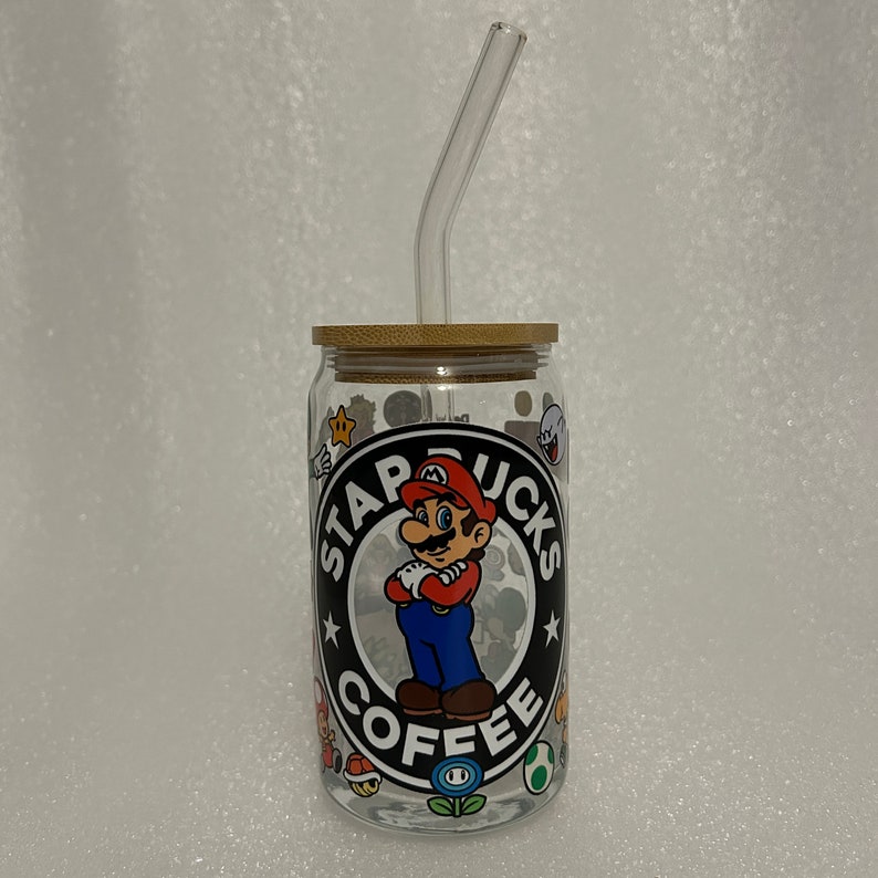 Super Mario Starbucks Glass Libby Cup W/ Lid and Glass Straw- 16oz - Etsy