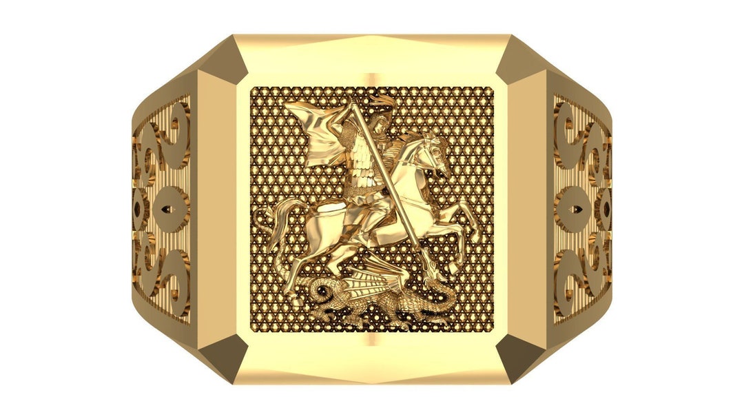 22k File Gold Saint George Ring,dragon Ring, 925K Silver Saint George ...