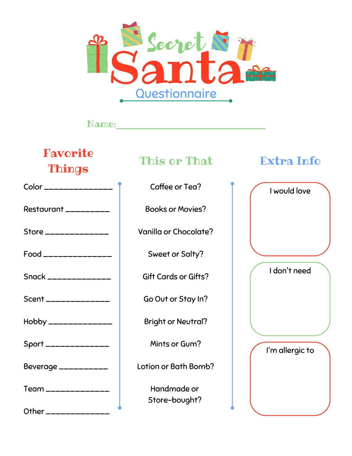 Secret Santa! Secret Santa Questionnaire! Secret Santa Gift Exchange ...