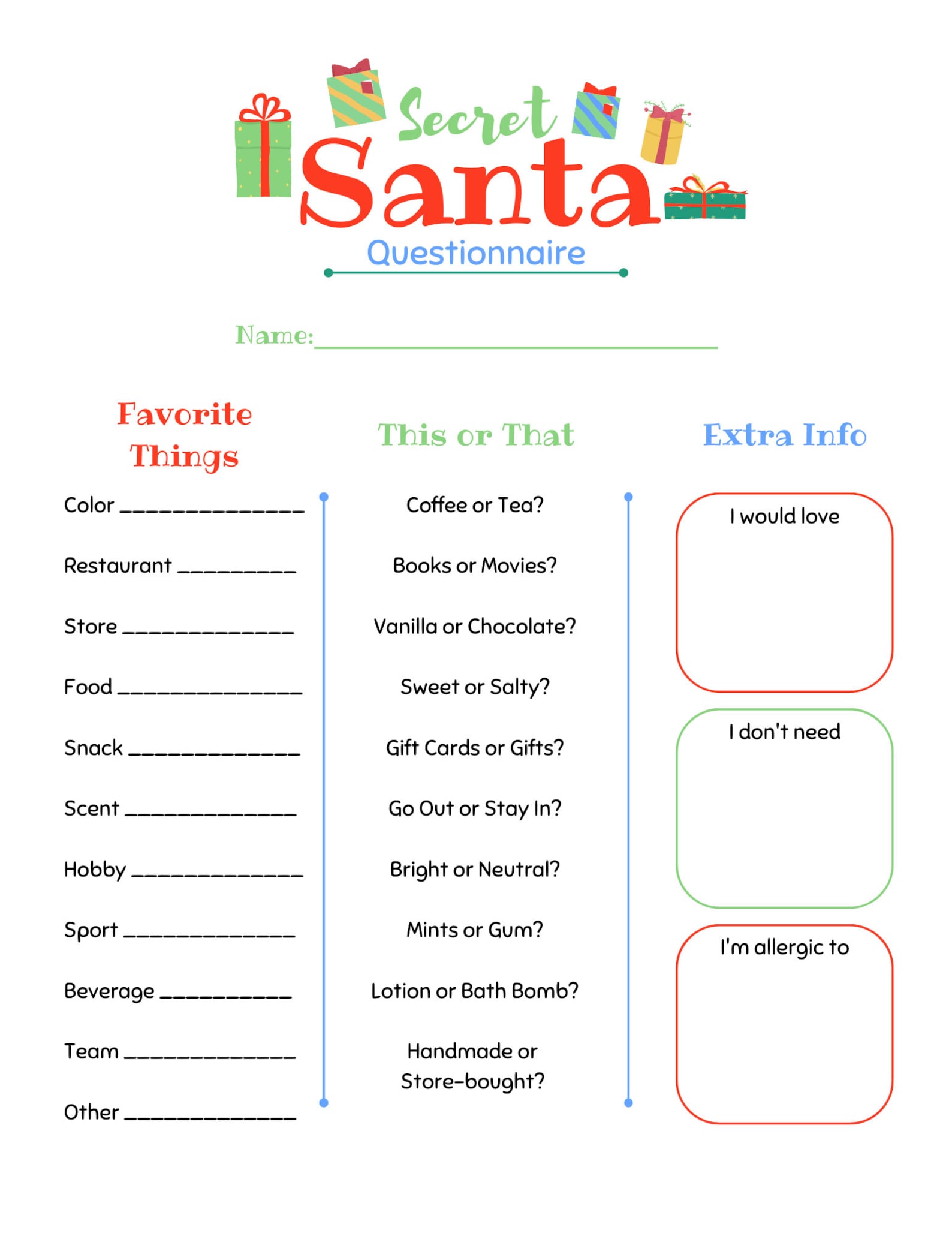 Secret Santa! Secret Santa Questionnaire! Secret Santa Gift Exchange ...