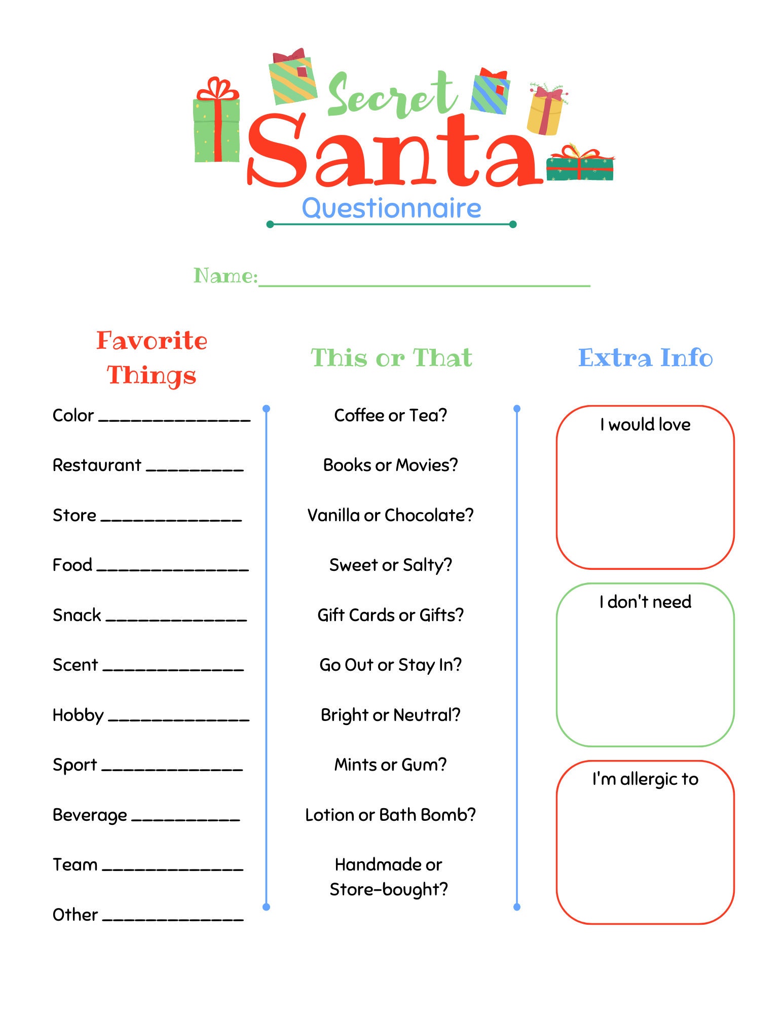 Secret Santa! Secret Santa Questionnaire! Secret Santa Gift Exchange ...