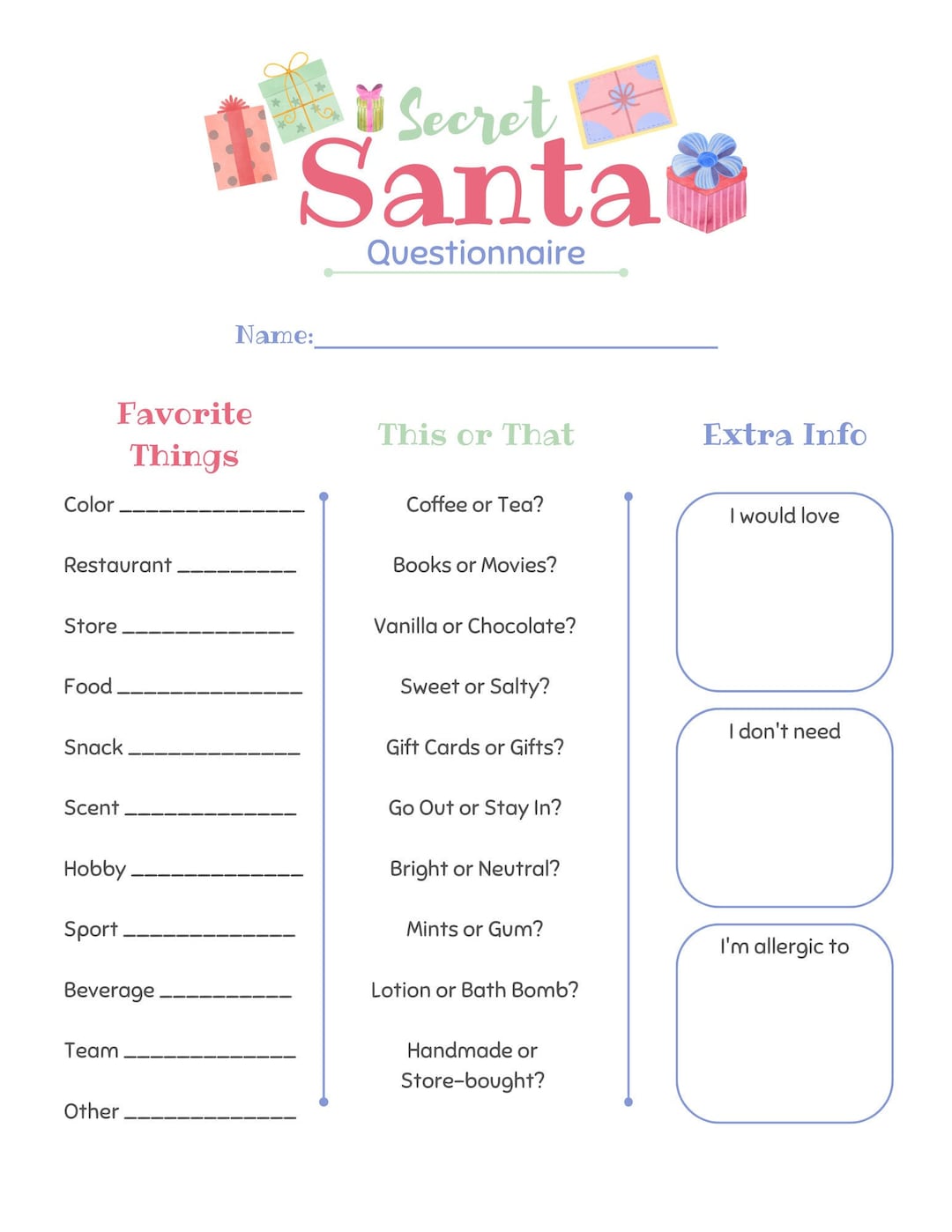 Secret Santa! Secret Santa Questionnaire! Secret Santa Gift Exchange ...