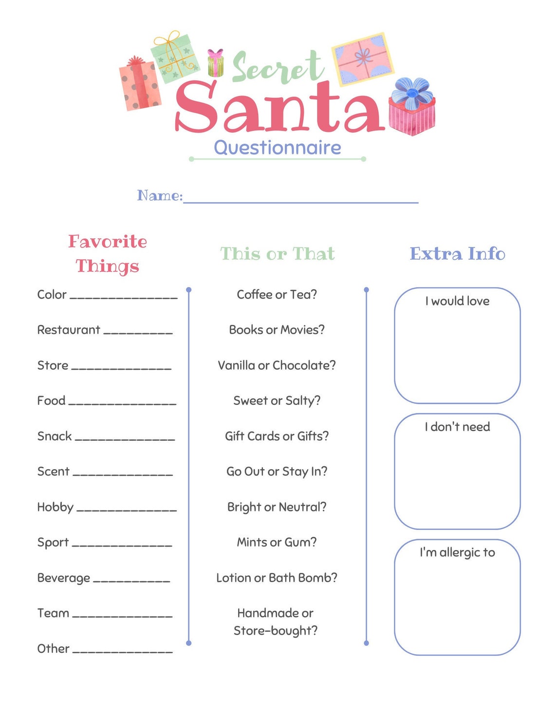 Secret Santa! Secret Santa Questionnaire! Secret Santa Gift Exchange ...