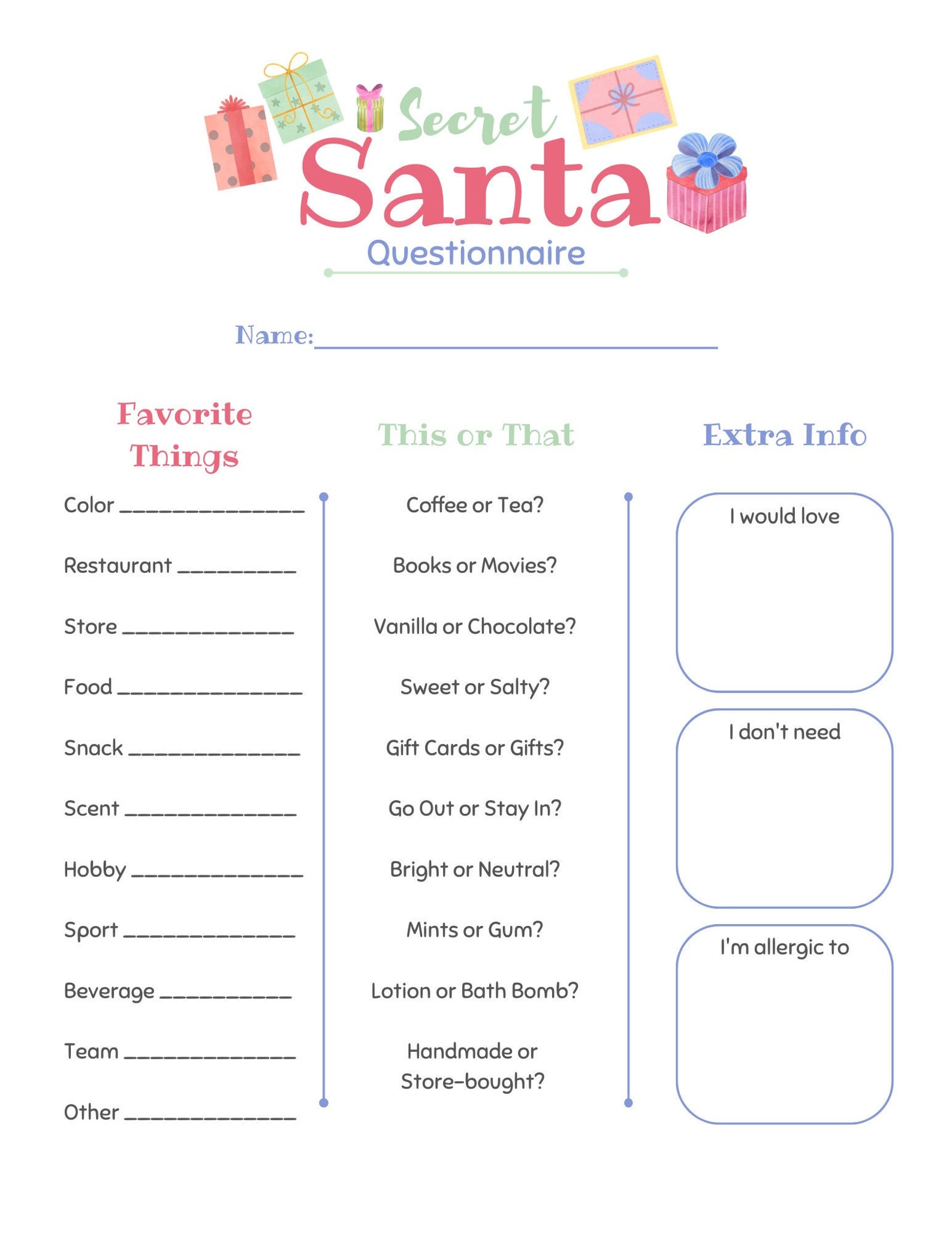 Secret Santa! Secret Santa Questionnaire! Secret Santa Gift Exchange ...