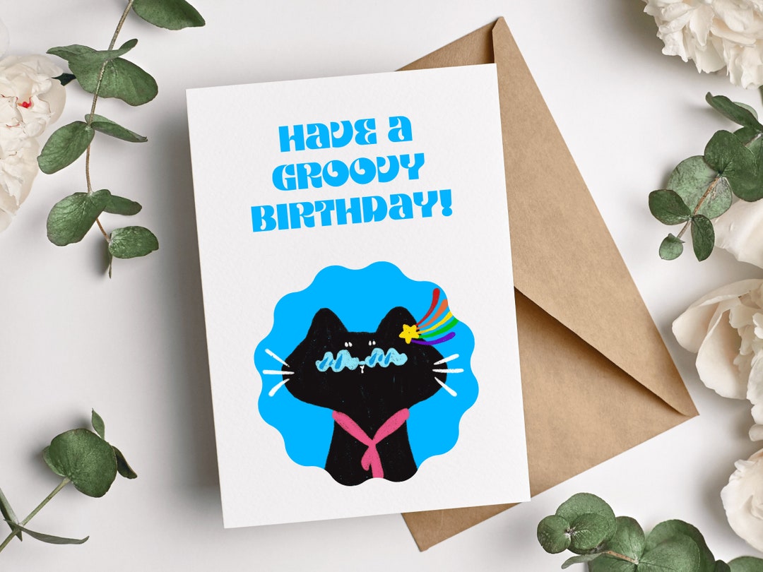 Birthday Card for Cat Lovers | Retro Hippy E-card | 5x7 Inches ...