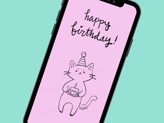 Cute Digital Birthday Card Pink E-card With Cat Art - Etsy