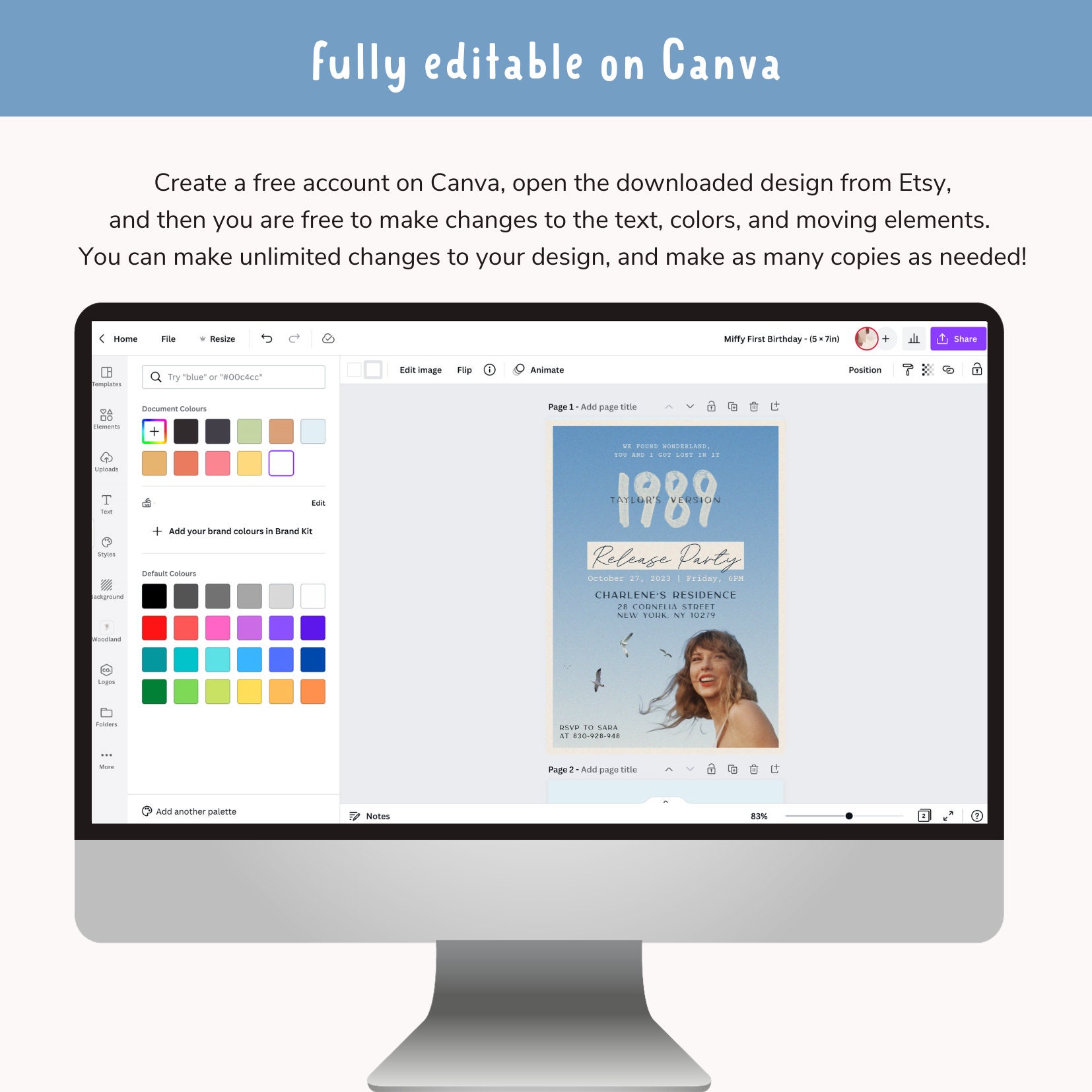 1989 Taylor's Version by Taylor Swift Release Party Invitation Fully Editable and Customizable ...