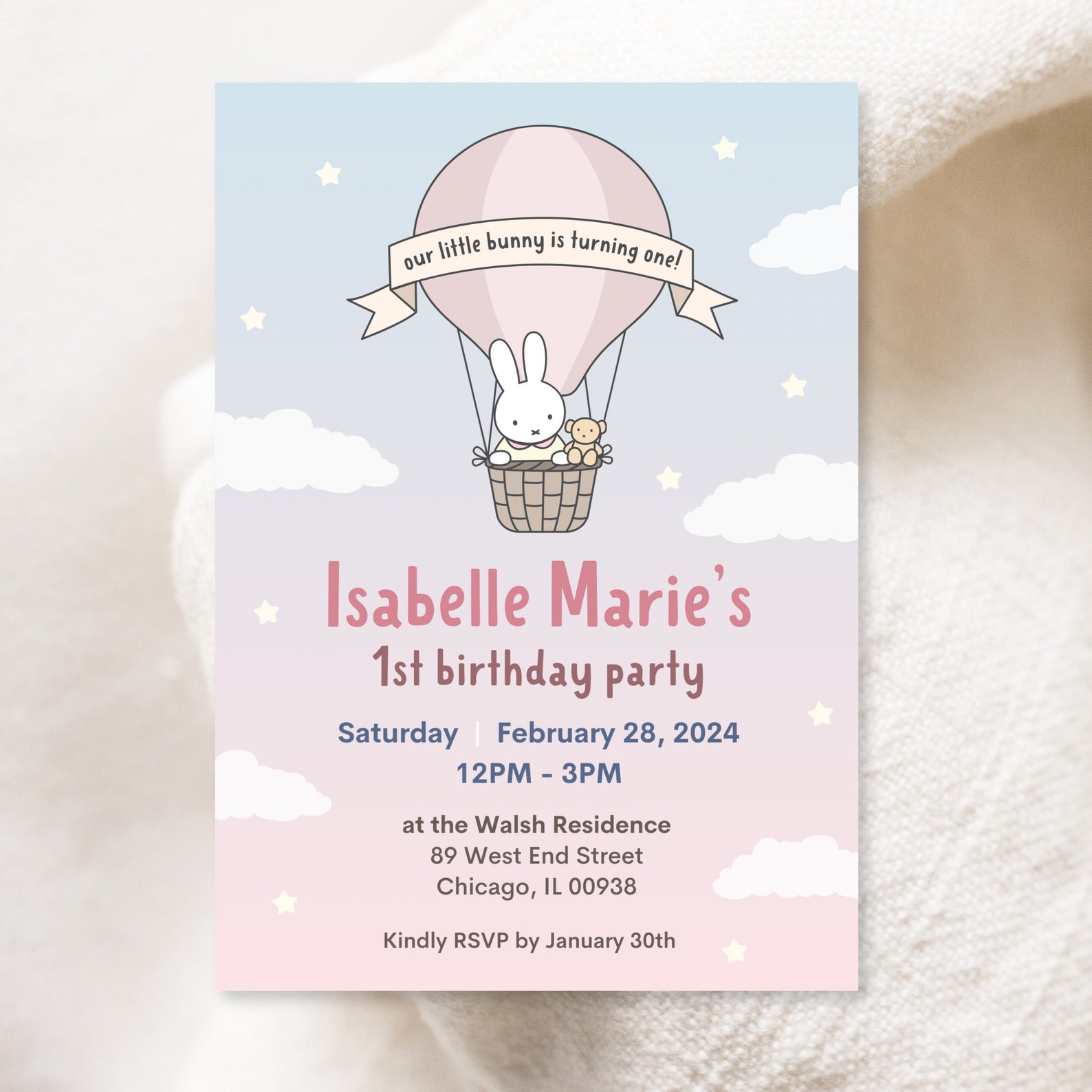 Miffy in Hot Air Balloon Birthday Party or Baby Shower Invitation ...