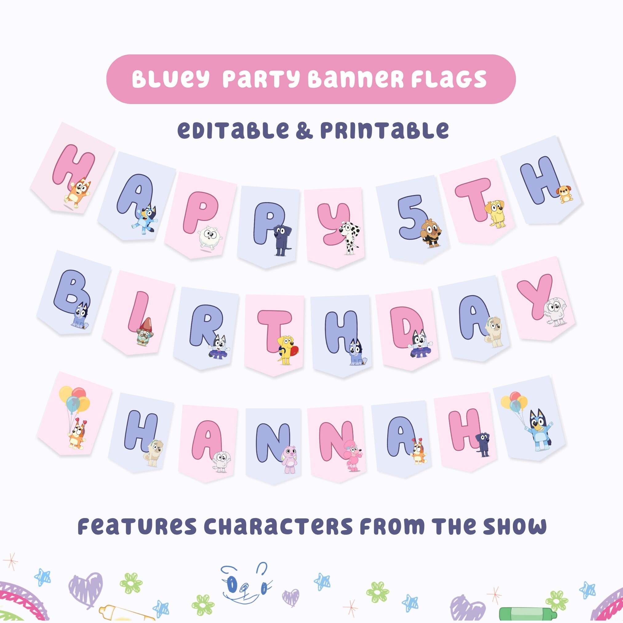 Bluey Characters Kid's Birthday Party Decor Buntings Pastel Minimalist ...