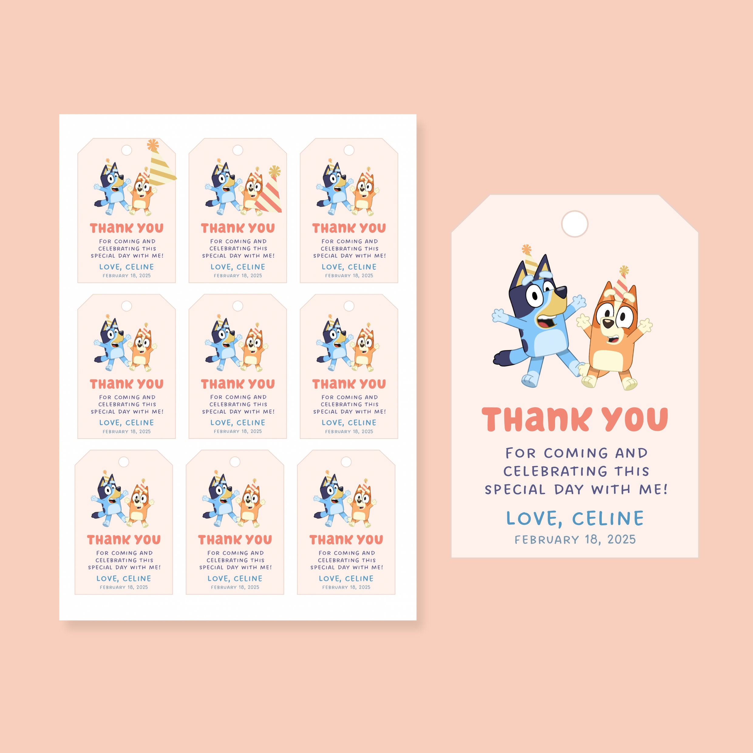 Bluey Children's Birthday Party Favors Thank You Label Tags Editable ...