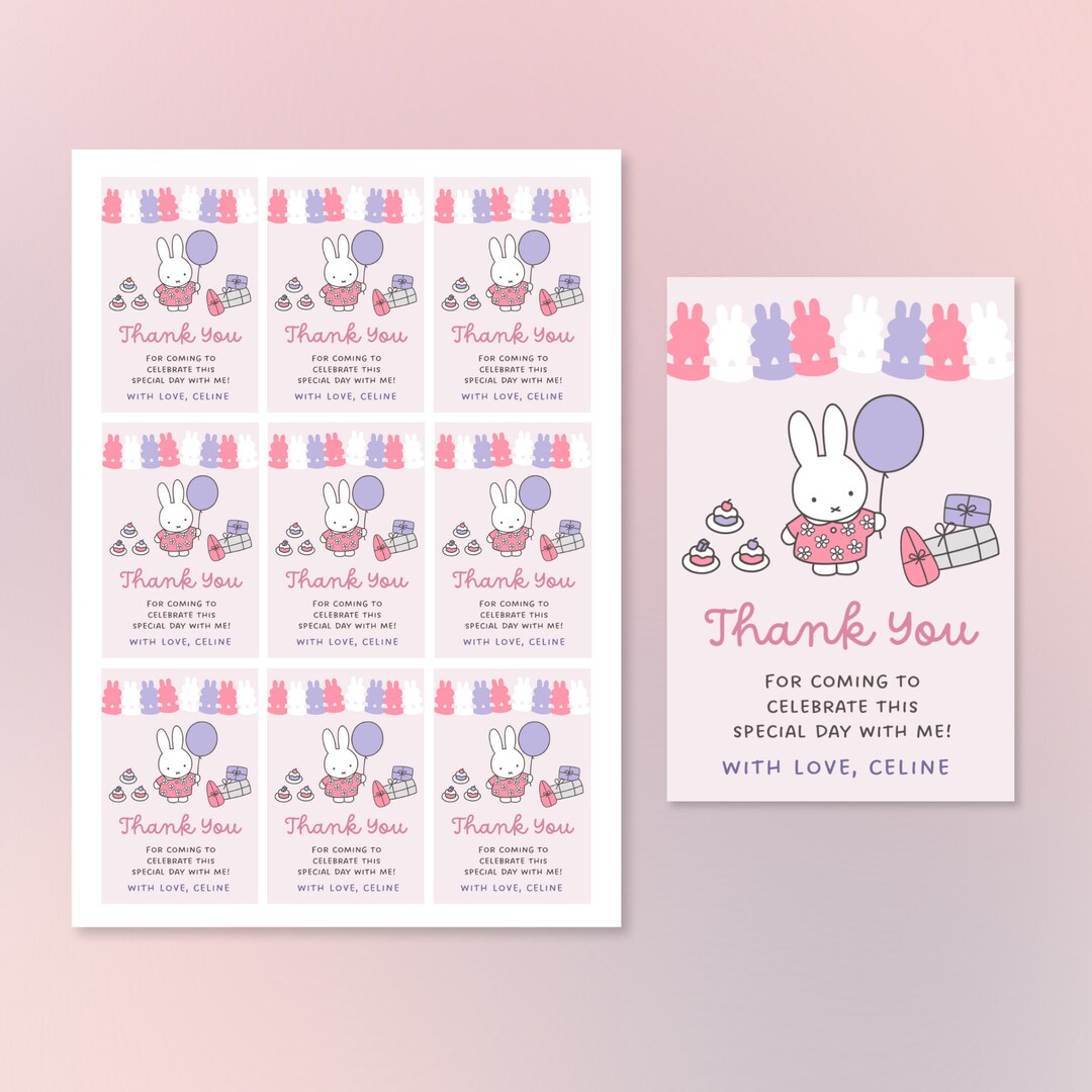 Miffy Children's Birthday Party Favors Thank You Label Tags - Editable ...