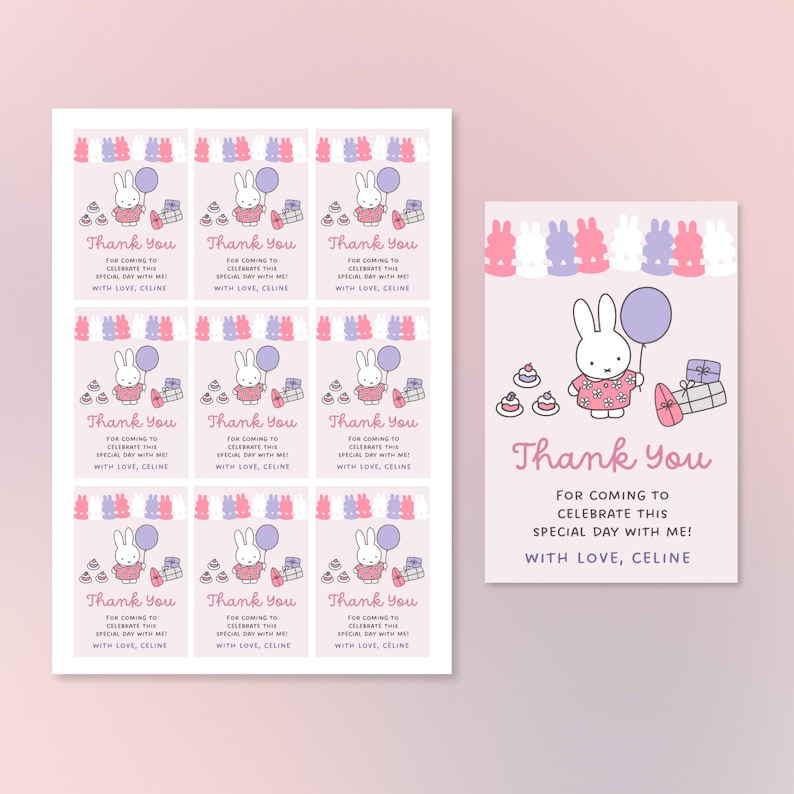 Miffy Birthday Thank You Tags: Editable Party Favors (canva Template ...