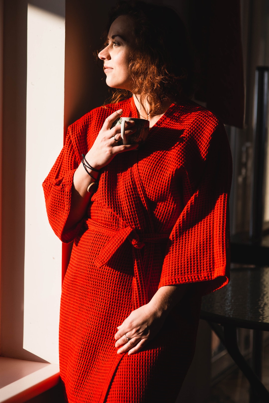 Waffle Cotton Bathrobe– Handmade Red Robe- Wide Three-quarters Sleeves ...