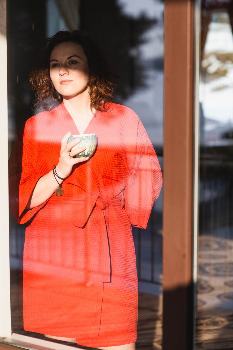 Waffle Cotton Bathrobe– Handmade Red Robe- Wide Three-quarters Sleeves ...