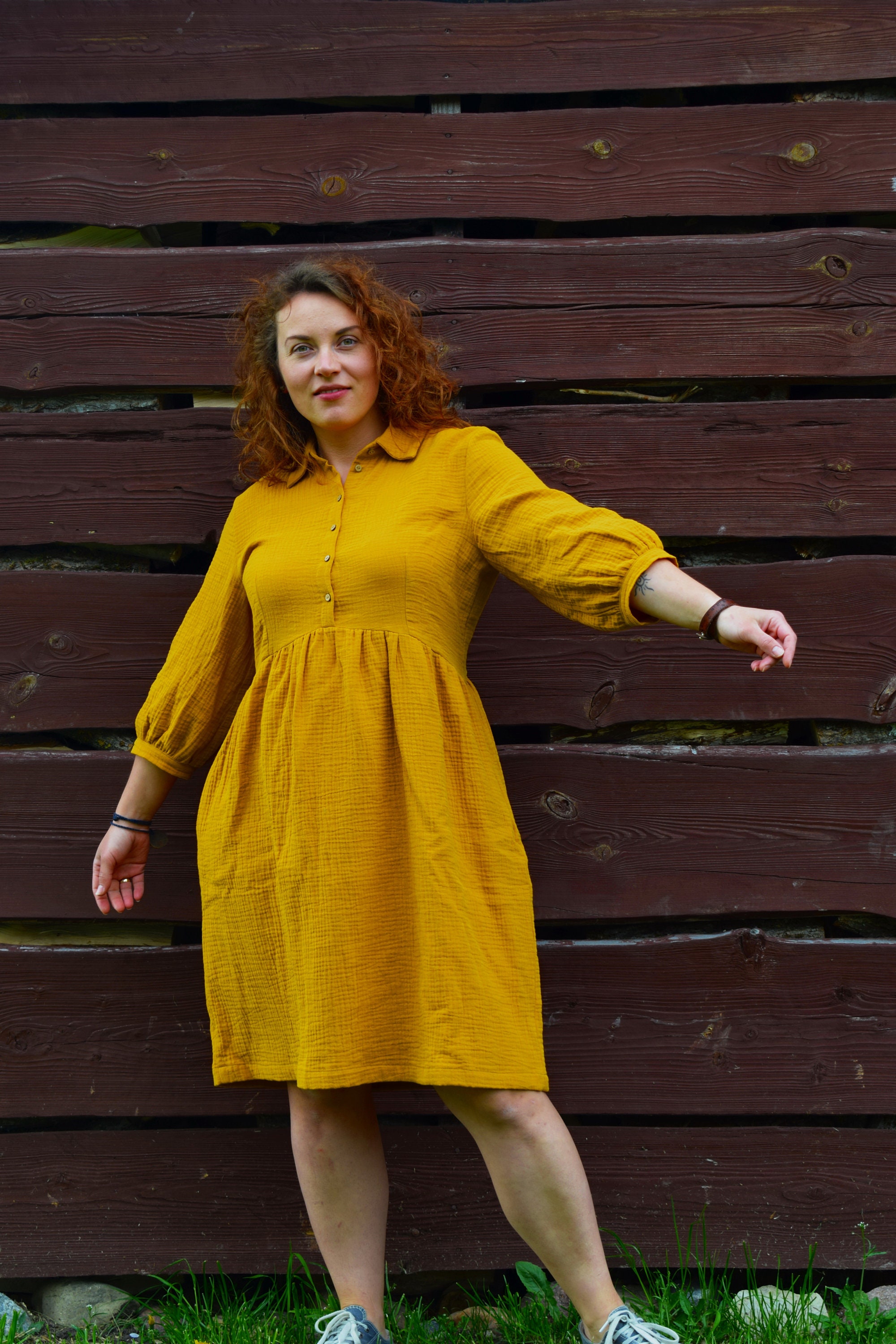 Shirt Style Muslin Dress–mustard Dress-handmade Double Gauze Dress–3/4 ...
