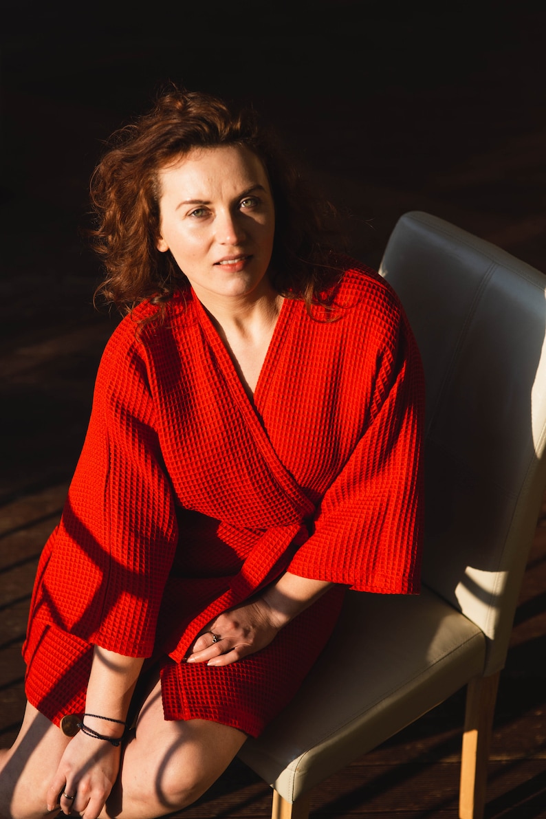 Waffle Cotton Bathrobe– Handmade Red Robe- Wide Three-quarters Sleeves ...