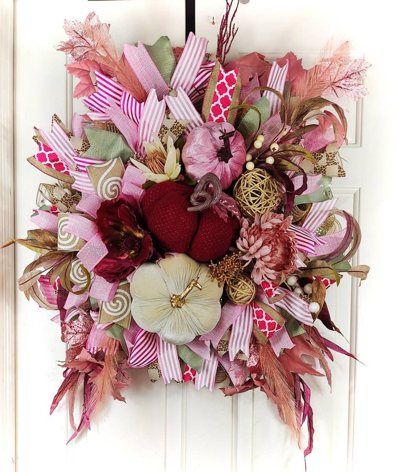 Elegant Pink Fall Wreath for Front Door, Luxurious Pink Fall Home Decor ...