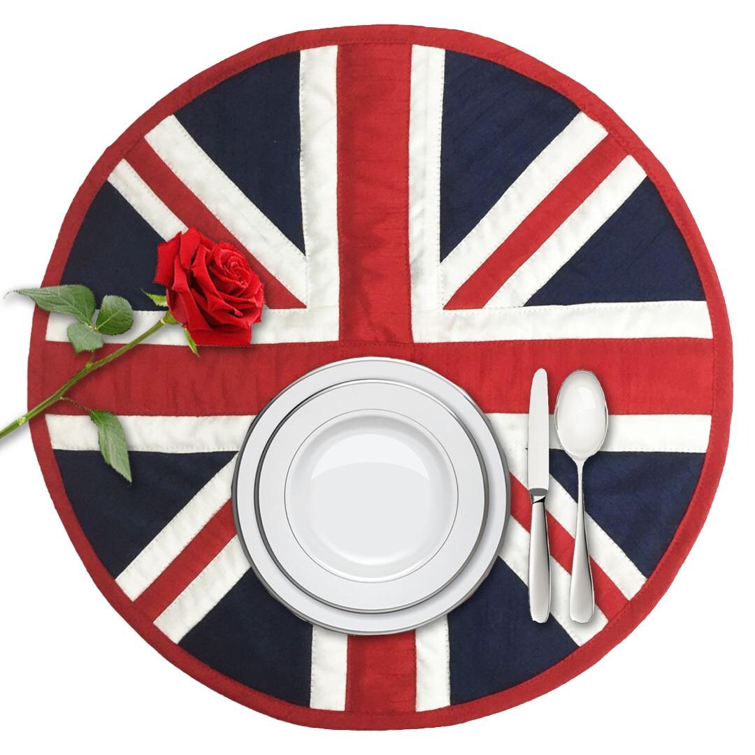 Dupioni Silk Union Jack Britain Flag Reversible Round Quilted Table ...