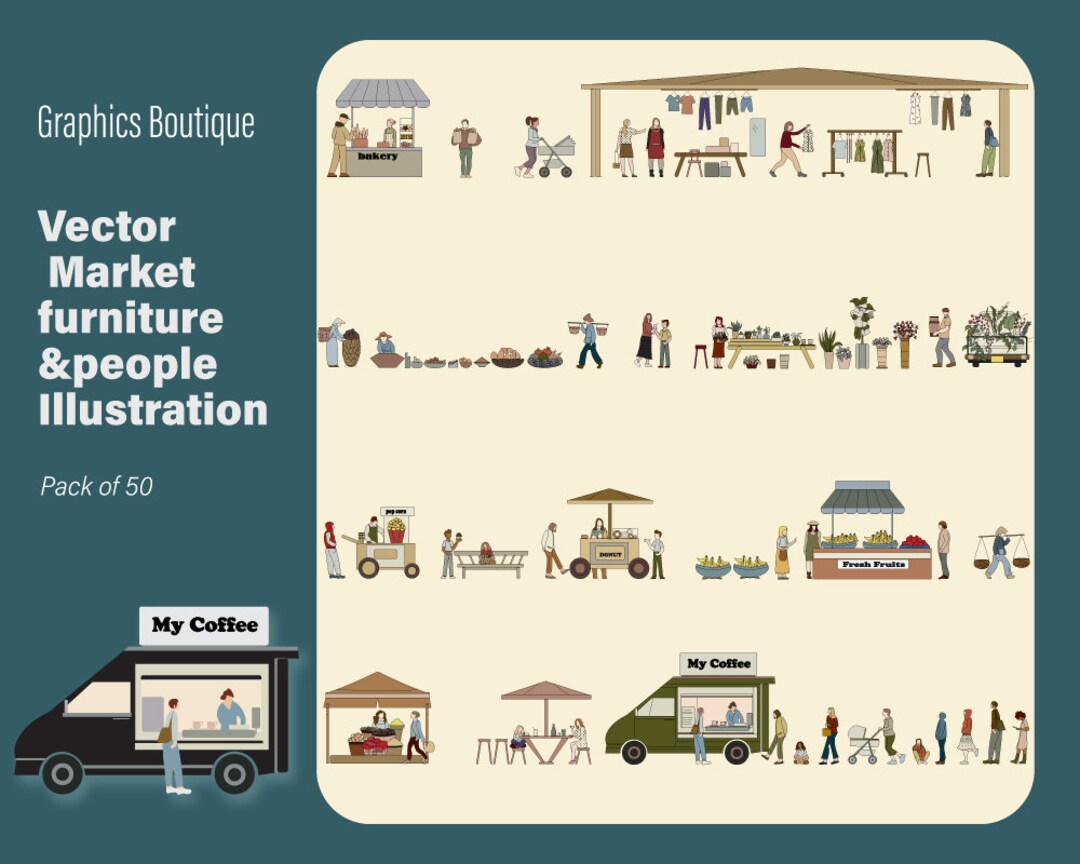 Flat Vector Market Furniture and People Illustration (ai, Svg, Dwg ...