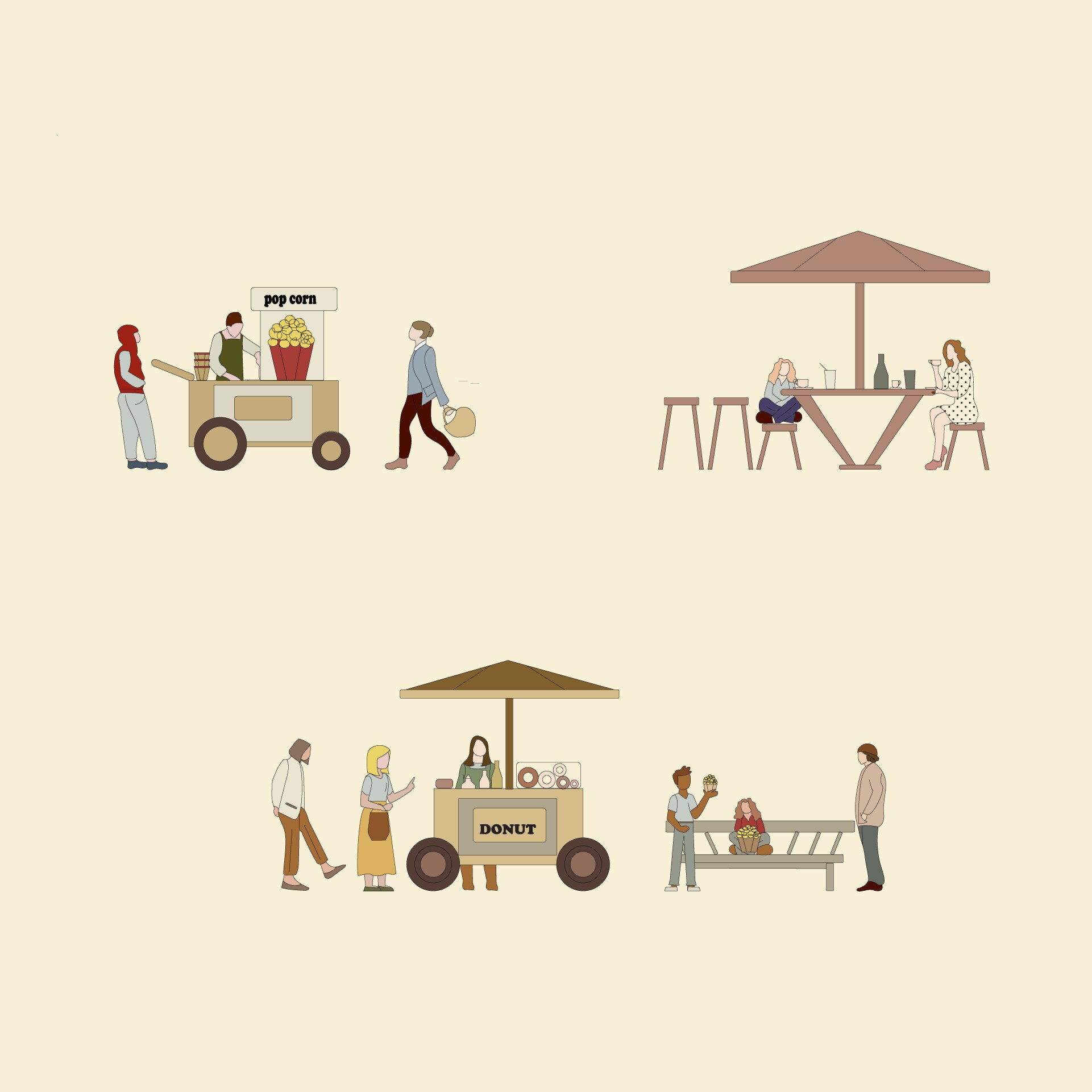 Flat Vector Market Furniture and People Illustration (ai, Svg, Dwg ...