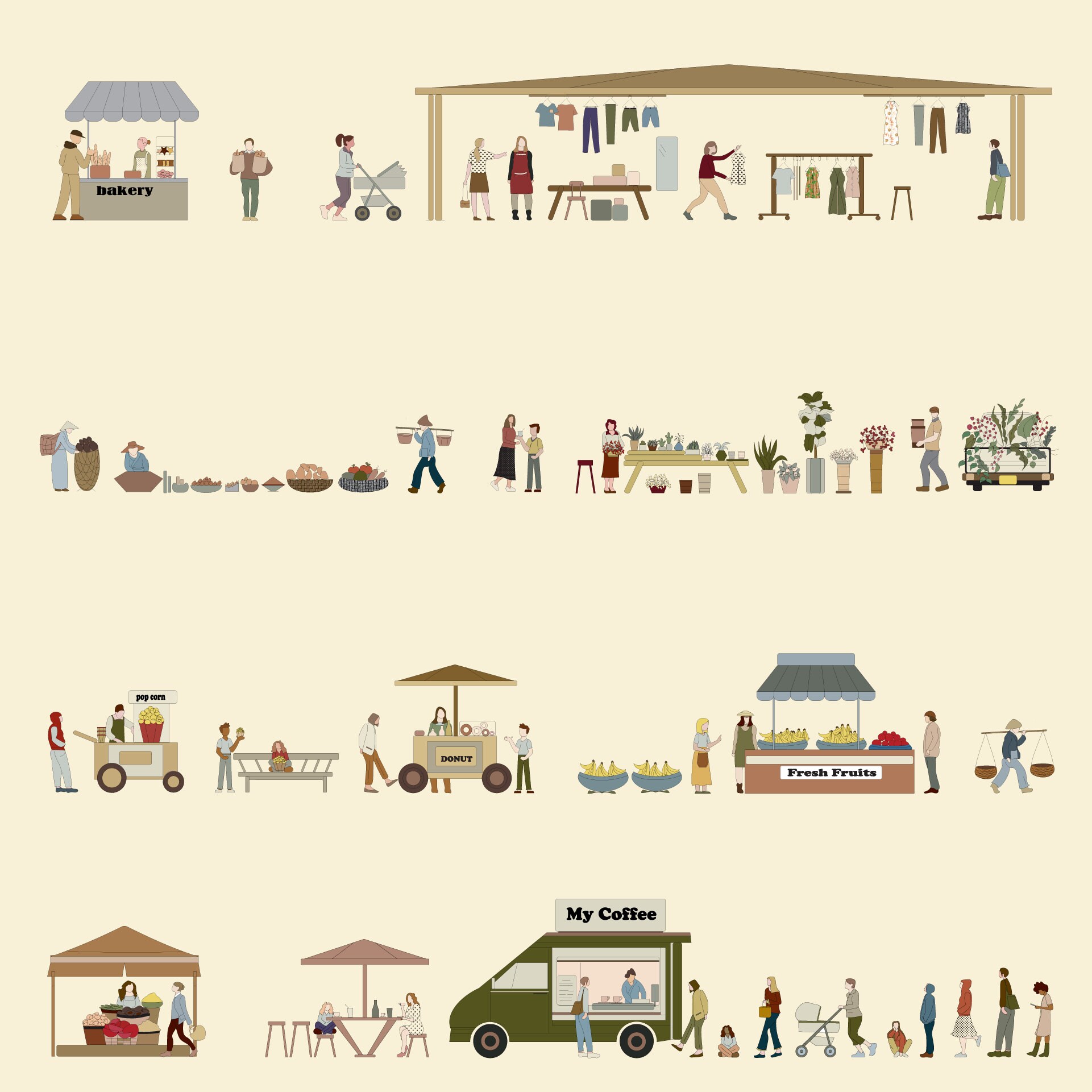 Flat Vector Market Furniture and People Illustration (ai, Svg, Dwg ...