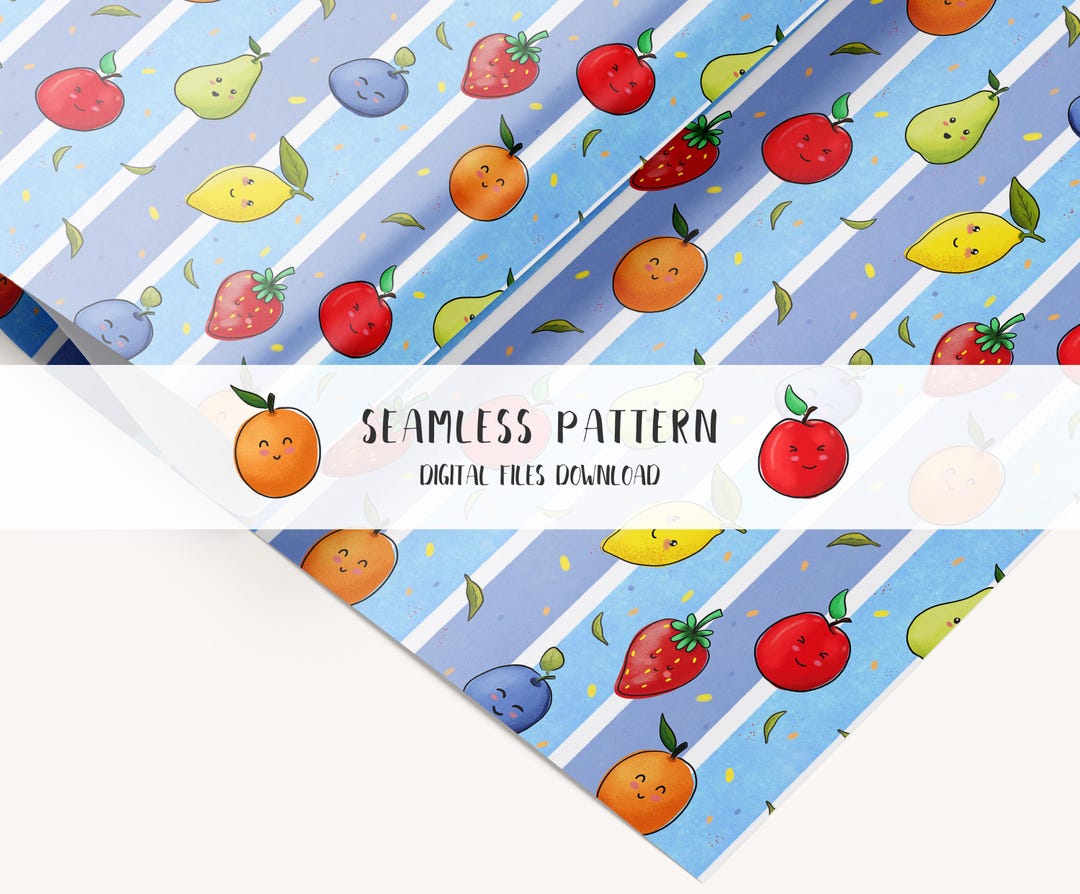 Kawaii Cute Fruits Seamless Pattern – Strawberry, Pear, Apple, Orange ...
