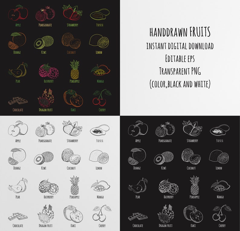 Hand Drawn Fruits Illustration Clipart Bundle Sticker Doodle Fruits ...