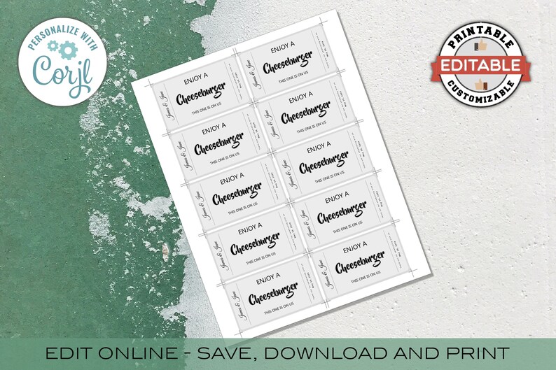 CUSTOMIZABLE CHEESEBURGER Snack Voucher, Coffee Voucher, Event Ticket ...