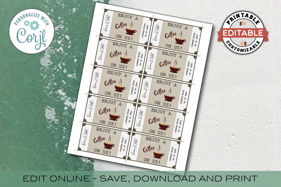 CUSTOMIZABLE COFFEE Ticket Voucher, Printable, Event Ticket, Editable ...